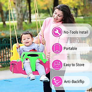 IFOYO Kids Swing Seat, 3 in 1 Toddler Swing Chair Secure Swing Seat Detachable Swing Seat High Back Swing Set for Playground Indoor Outdoor (Pink)