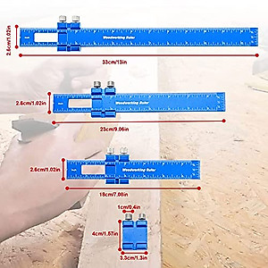 TOURACE Aluminum Woodworking Rulers with Slide Stop (3 Pcs) Precision Pocket Ruler Metal T Track Ruler, Square Ruler Inch and Metric Marking Measuring Scribing Ruler