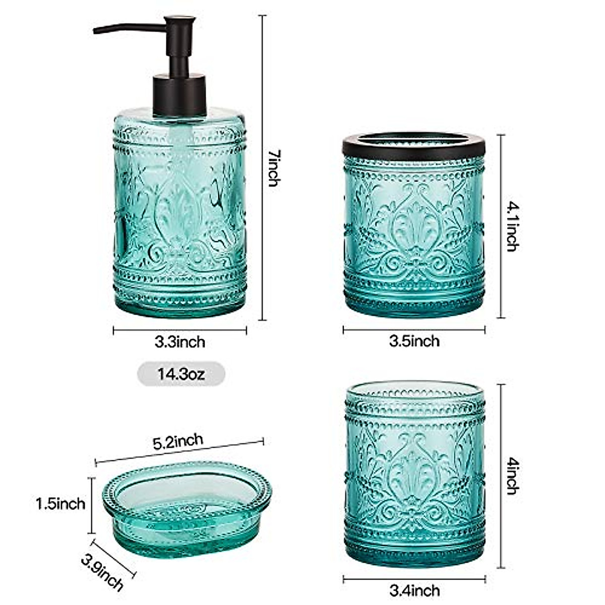 4PCs Teal Blue Glass Bathroom Accessories Set with Decorative Pressed Pattern - Includes Hand Soap Dispenser & Tumbler & Soap Dish & Toothbrush Holder (Teal Blue)