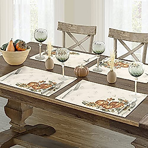Lintex Stockbridge Pumpkin Harvest Bordered Thanksgiving Placemats, Autumn Fall Leaf, Sunflower and Acorn Border Print Print Easy Care Fabric Placemats, Set of 4 Bordered Placemat