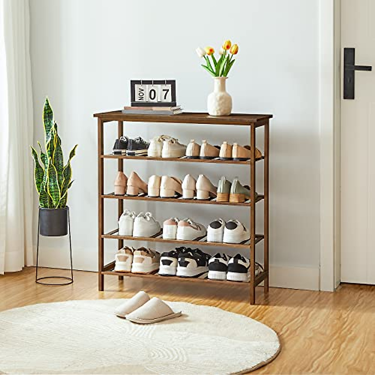 HOOBRO Shoe Rack, 5-Tier Shoe Rack for Entryway, 29.5" L x 11.8" W x 31.5" H, Holds 16-20 Pairs of Shoes, Multifunctional Bamboo Shoe Shelf Storage, Stable and Study, for Closet, Mocha MA70XJ01
