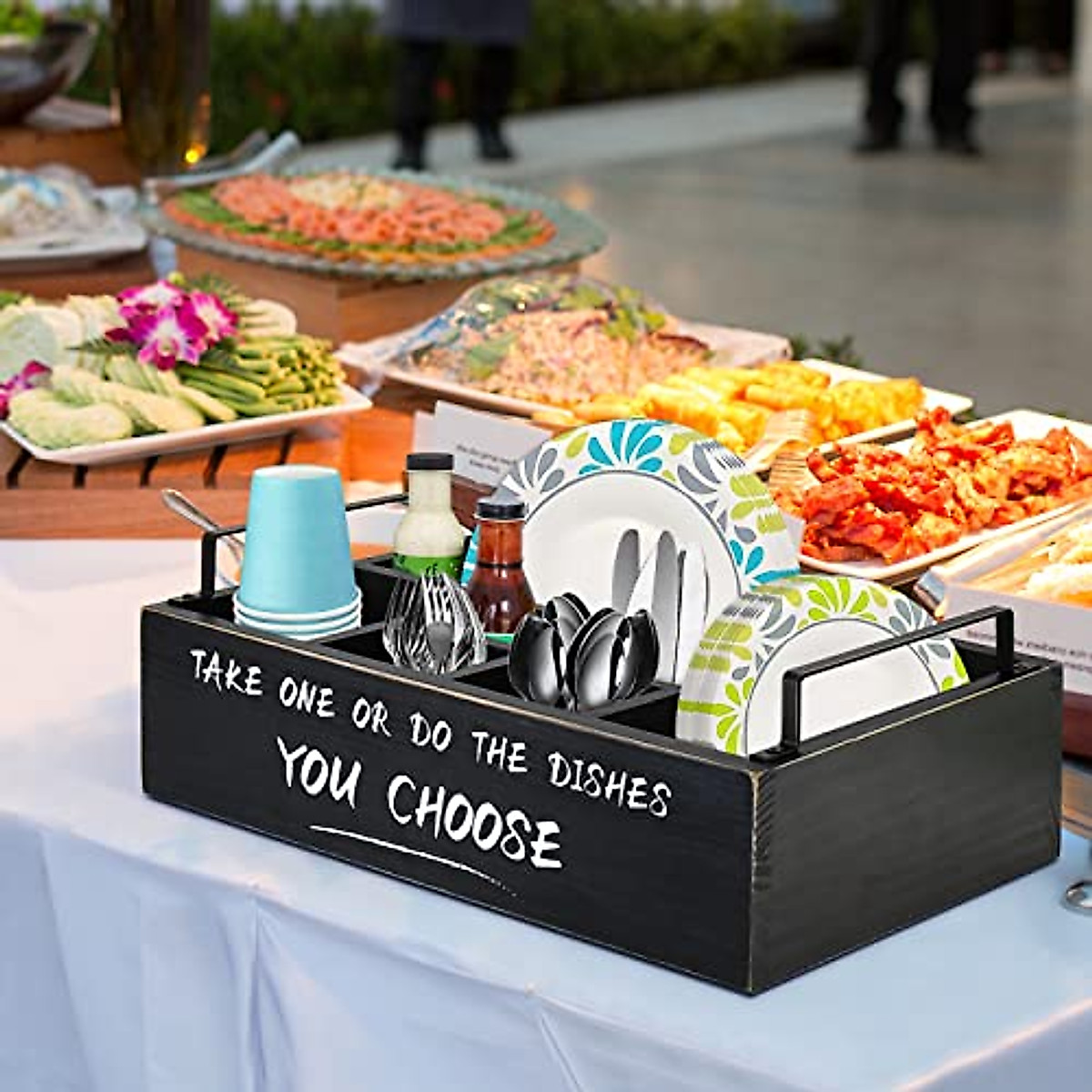 Paper Plate Holders Utensil Caddy for Kitchen Counter,Wood Paper Plate Organizer Utensil Holder Organizer for Plate Cup Fork Spoon Napkin,Silverware Caddy Disposable Dish Holder for Wedding,Party,BBQ