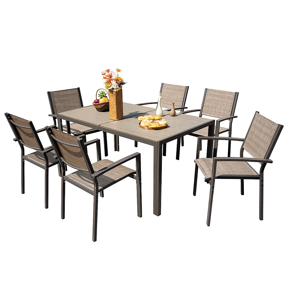 Devoko Patio Dining Set 7 Piece Outdoor Furniture with Rectangular Table and 6 Stackable Chairs Family Conversation Set for Garden Backyard Deck (Brown)
