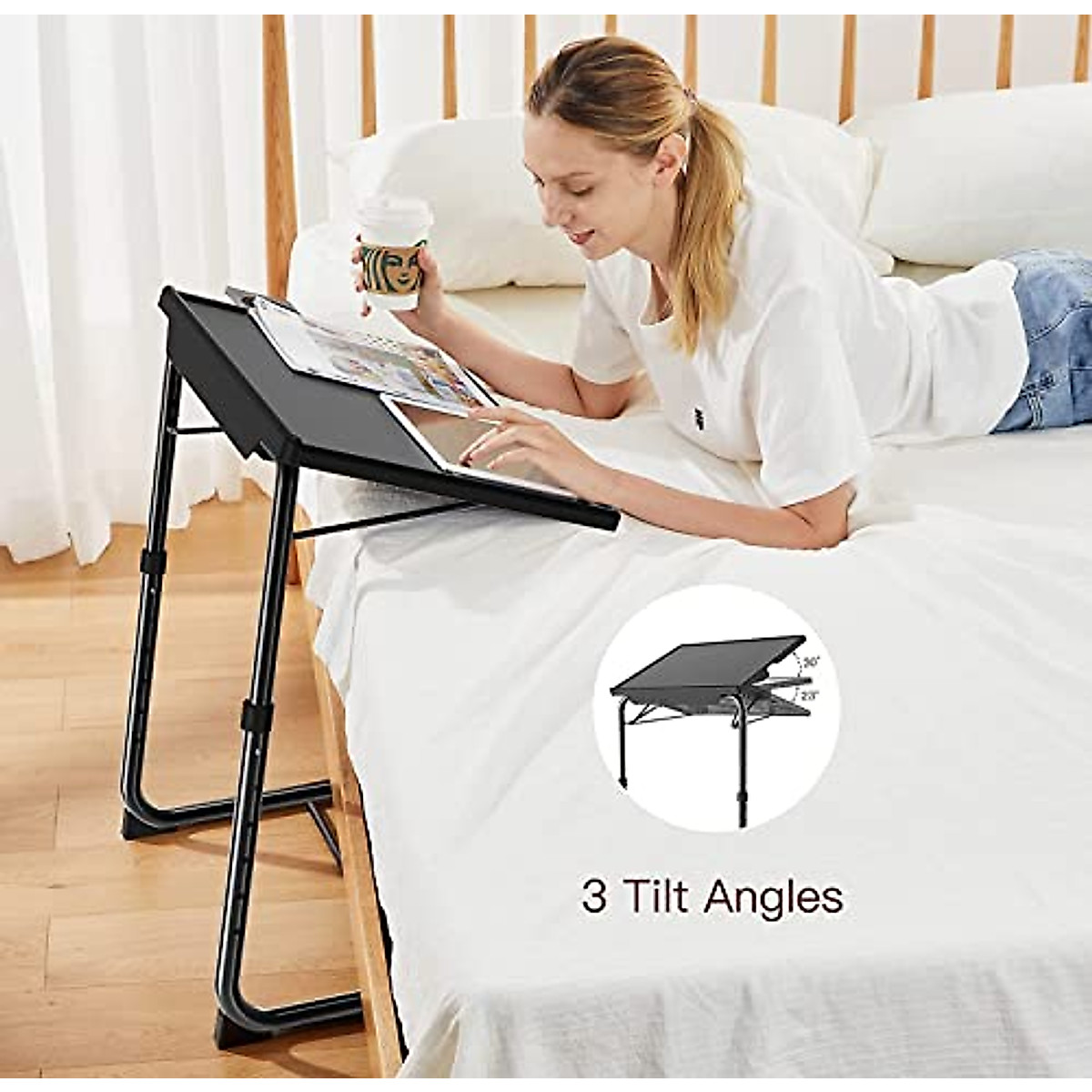 Adjustable TV Tray Table - TV Dinner Tray on Bed & Sofa, Comfortable Folding Table with 6 Height & 3 Tilt Angle Adjustments (Black)