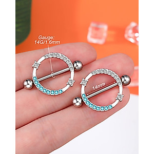 Melighting 14G Nipple Rings Shiny Stainless Steel 316L Clear Blue CZ Dainty Round Nipple Barbell Nipple Bars Body Piercing Jewelry for Women