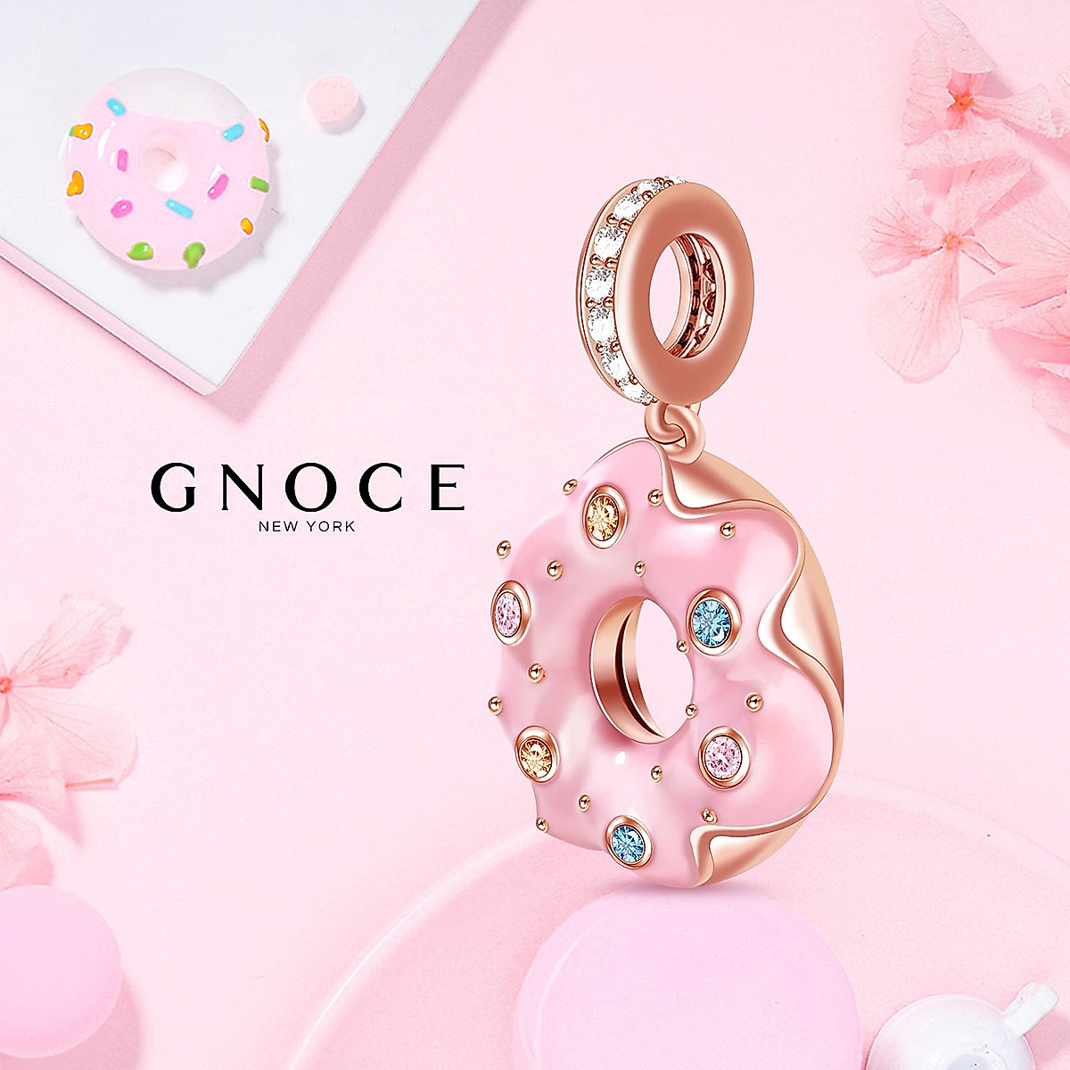 GNOCE Donut Pendant Charms for Bracelet S925 Sterling Silver 18K Rose Gold Plated Pink Doughnut Charms For Women Gilrs Jewelry Gifts Fit All Necklace