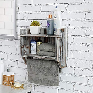 MyGift Wall Mounted Torched Wood Bathroom Shelf Organizer, 2 Tier Display Rack with Hanging Towel Bar