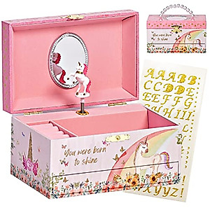 Emme Treasures Musical Jewelry Box - Personalizable Unicorn Kids Jewelry Box for Girls with Glitter Alphabet Stickers - Whimsical Girls Jewelry Box - Giftable Kids Music Box