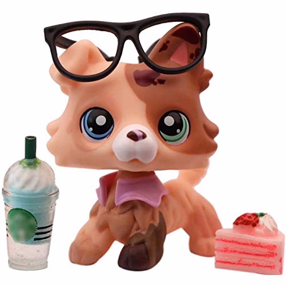 lpsloverqa Butter Collie Yellow and Brown 2 Different Eyes Erect Ears Custom Made OOAK Pets with Accessories Lot Dog Figures Collection Boys Girls Kids Gift Set (Butter Yellow)