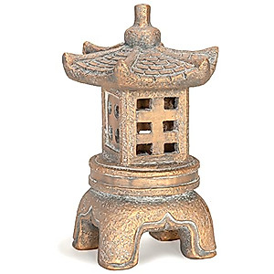 Red Co. 11” Solar-Powered LED Square Pagoda Lantern Asian Décor Zen Garden Statue, Distressed Gold