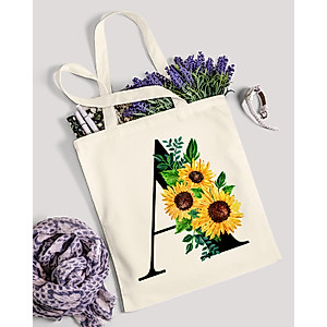 AUSVKAI Canvas Tote Bag Aesthetic for Women, Cute Sunflower Initial Trendy Monogram Personalized Initial Birthday Reusable Cloth Cotton Bags with Handle for Grocery College Shopping Beach