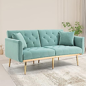 Kootlena Contemporary 65 inch Sectional Sofa, Velvet Sleeper Sofa, Modern Futon Sofa Bed, Reversible Loveseat Sofa with Rose Gold Metal Feet, Accent Sofa Bed Couches for Living Room Bedroom (Mint)