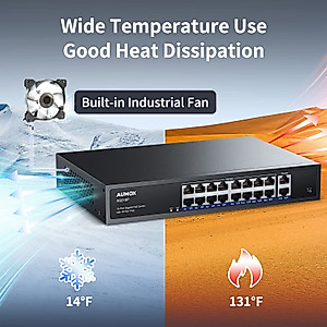 Aumox 18-Port Ethernet Gigabit PoE Switch, 16-Port PoE with 2 Uplink Gigabit Ports, 250W Built-in Power, Metal Casing and 19-inch Rackmount, Traffic Optimization, Plug and Play, Unmanaged(SG518P)