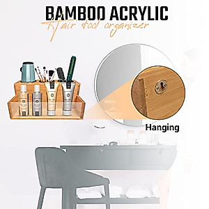 Hair Tool Organizer Bamboo and Acrylic Hair Accessories Hot Tool Holder, Wall Mount, Vanity Organization or Bathroom Sink Organizer for a Hair Dryer, Curling Iron, Flat iron, Brushes and Hair Products