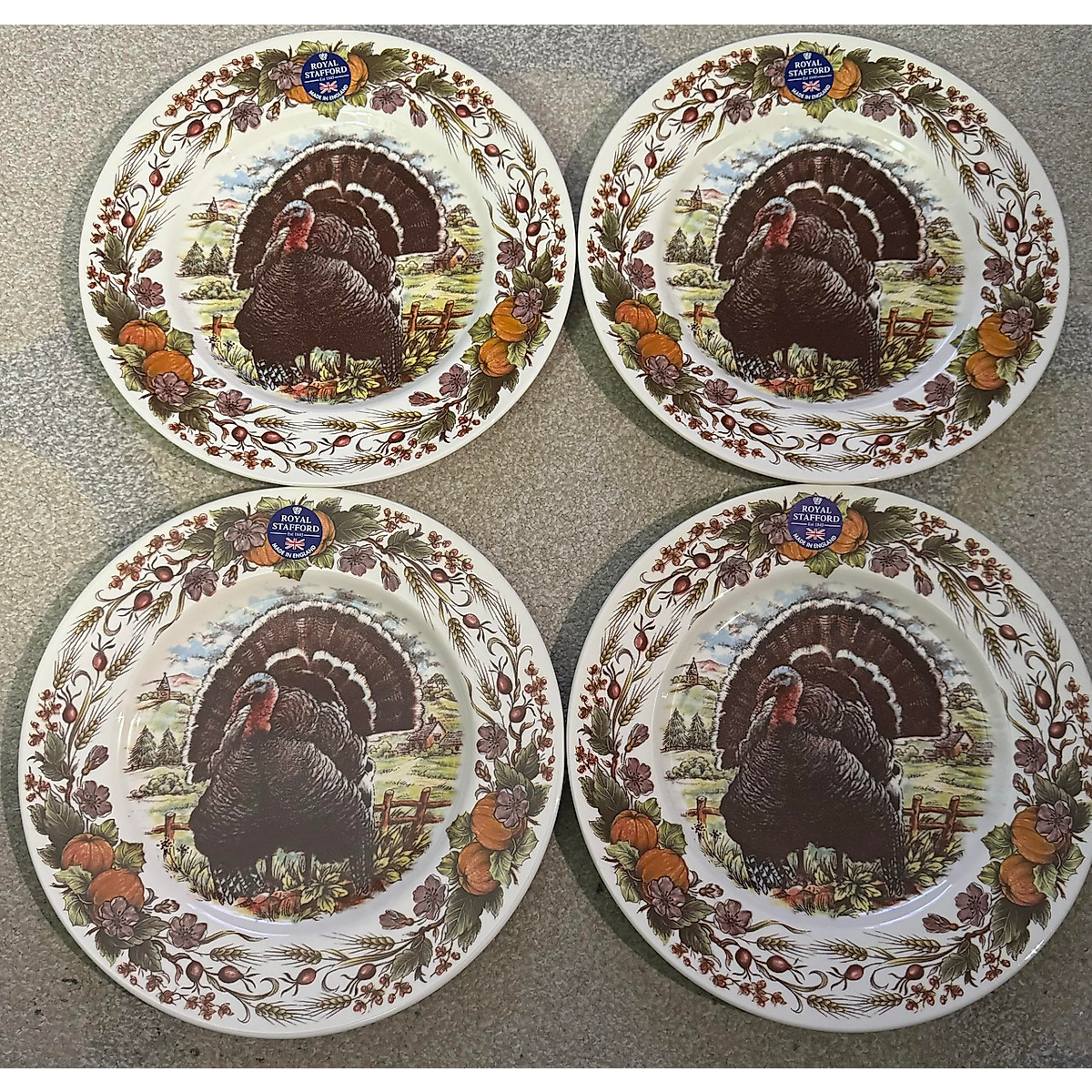 Royal Stafford Thanksgiving Turkey Dinner Plates, Set of 4, Floral border, Made in England