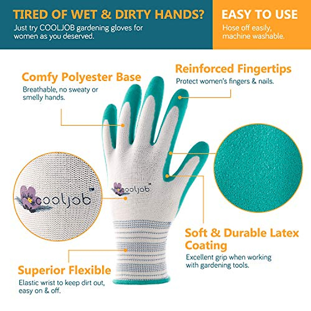 COOLJOB Gardening Gloves for Women and Ladies, 6 Pairs Breathable Rubber Coated Yard Garden Gloves, Outdoor Protective Work Gloves with Grip, Medium Size Fits Most, Red & Green