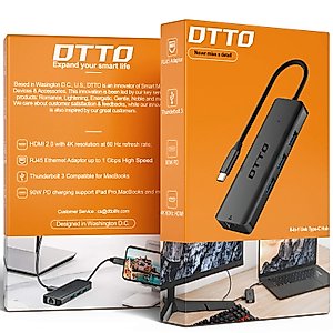 DTTO USB-C Hub 6-in-1 with 4K@60Hz HDMI, 1Gbps RJ45 Ethernet Adapter, 90W PD Power Delivery, 3X USB 3.0 Ports, Thunderbolt 3 Multiport Dongle for MacBook, iPad Pro, XPS, and More, Space Grey