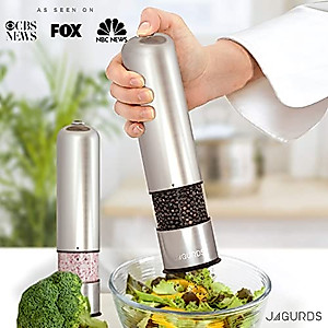 Electric Salt and Pepper Grinder Set - Automatic, Refillable, Battery Operated Stainless Steel Pepper Mill and Salt Grinder with Light - One Handed Push Button Salt and Pepper Shakers