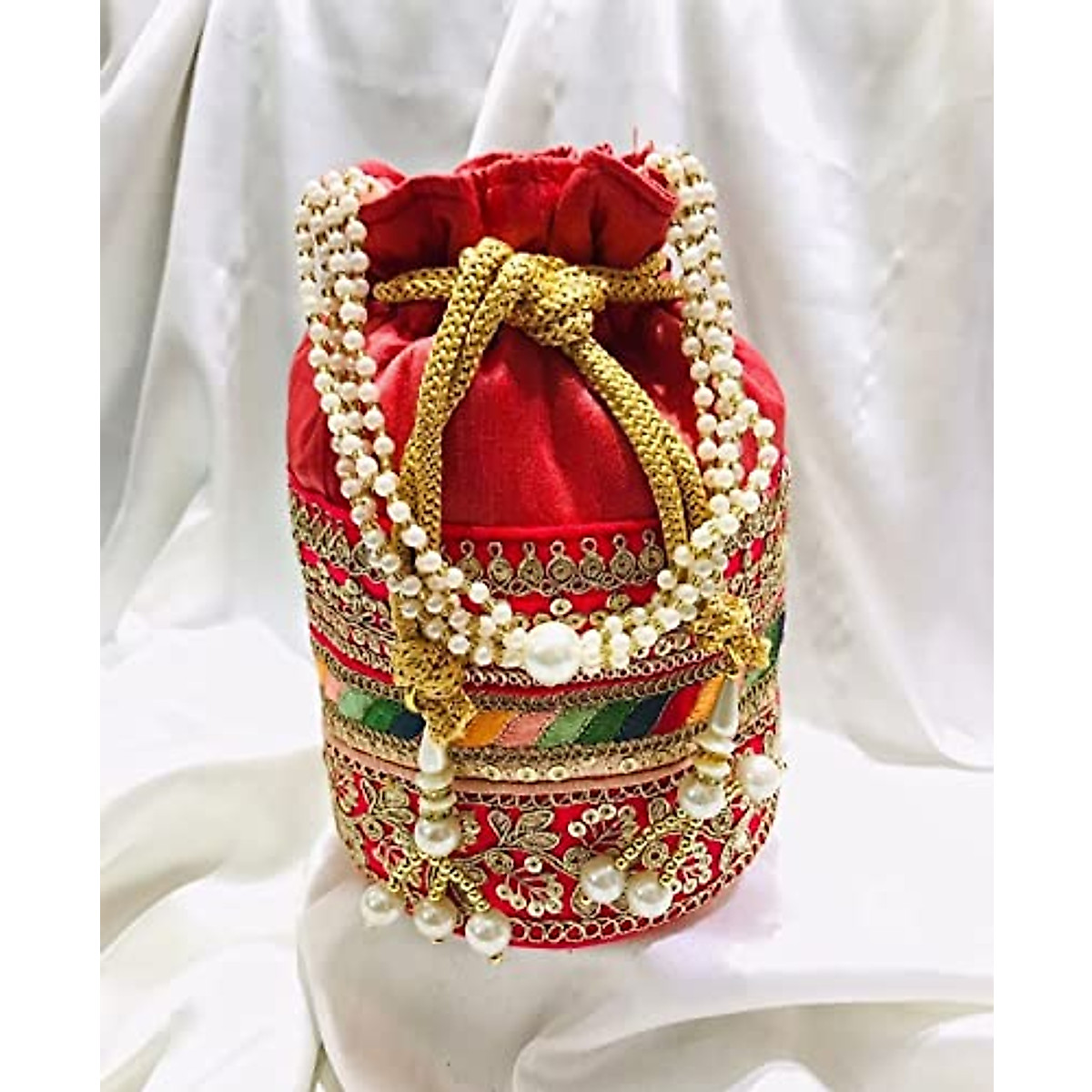 Hand embroidered art silk Potli handbags for Women. For Evening outing, wedding, and party Bag Purse with Drawstring. (Pink)