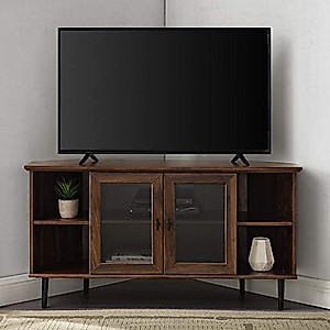 Walker Edison Modern Wood Corner Universal TV Stand with Open Shelves Glass Cabinet Doors Storage for TV's up to 55" Flat Screen Living Room Storage Entertainment Center, 48 Inch, Dark Walnut