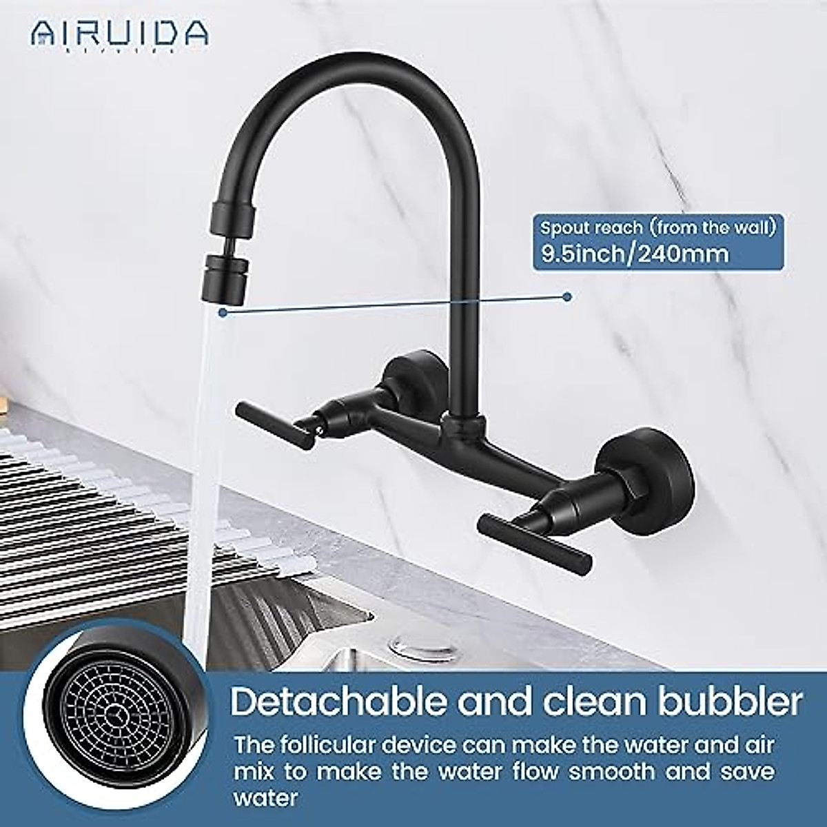 Airuida Wall Mount Kitchen Sink Faucet Matte Black Wall Mounted Kitchen Faucets 8 Inch Center Double Handles 360 Degree Swivel Spout Restaurant Utility Laundry Commercial Mixer Tap