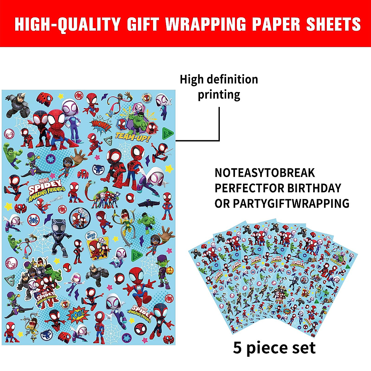 5 Pcs Spidey Wrapping Paper Spidey and His Amazing Friends Gift Wrap Bulk Art Paper Folded Flat for Baby Shower Spidey and His Amazing Friends Birthday Party Decorations Wedding DIY Crafts Gift