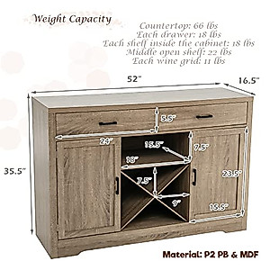 LOKO Farmhouse Buffet Cabinet, Kitchen Storage Cabinet with Adjustable Shelves and Anti-toppling Straps, Sideboard Credenza Storage Cabinet Coffee Bar Cabinet, 52 x 16.5 x 35.5 inches