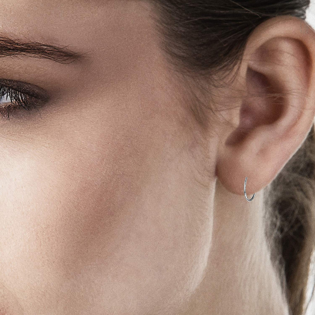 14k White Gold Round Flexible Small little Thin Continuous Endless Hoop Earrings Real Pure Gold Hoops 12mm (0.47 inch)