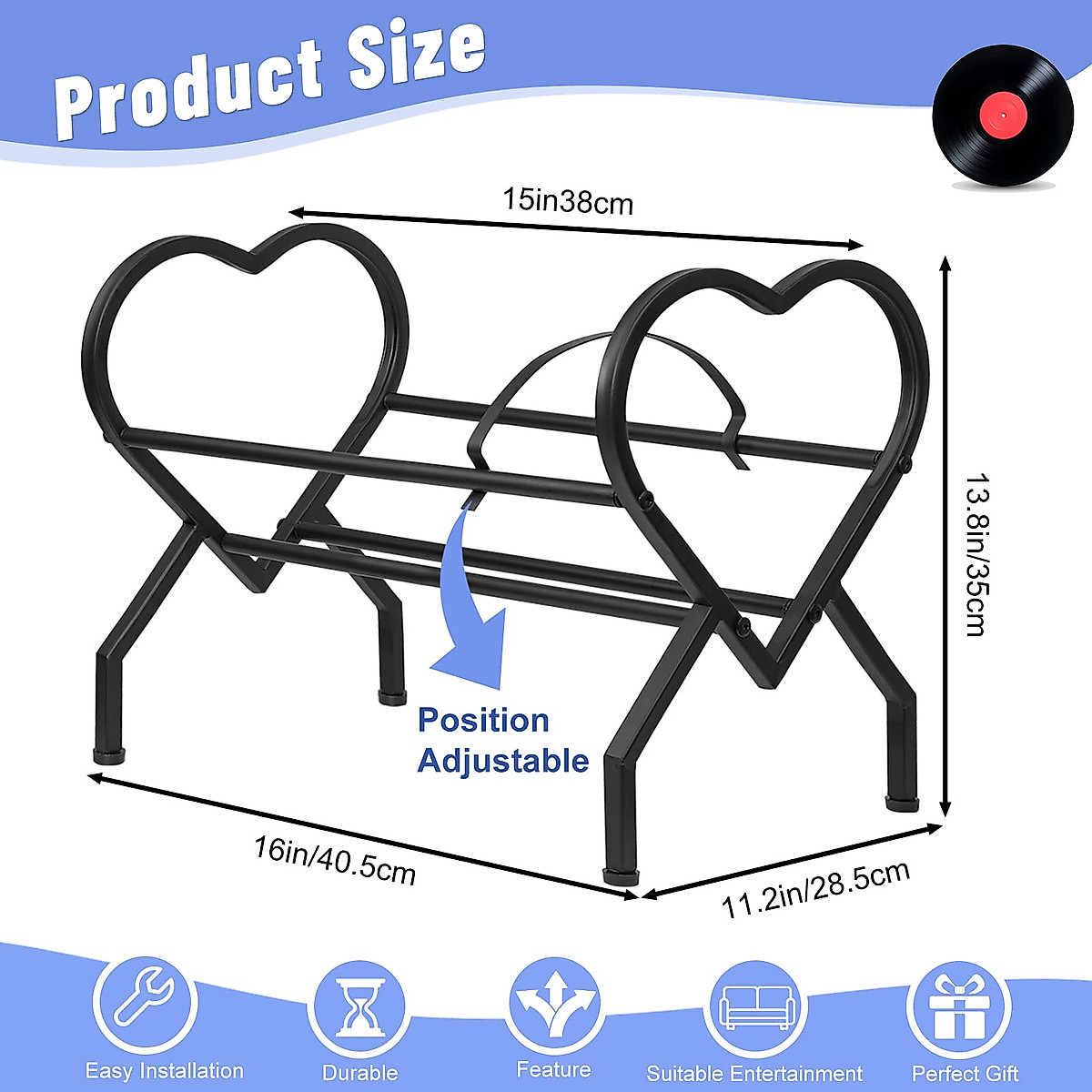 AUHOKY Vinyl Record Storage Record Holder, New Heart Shape LP Storage Metal Display Stand, Book Album Storage Magazine Office Files Organizer Shelf, Holds up to 90-110 LPs (Style A)