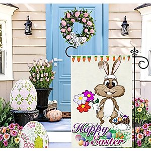 Easter Bunny Garden Flag,Burlap Welcome Garden Flag,Cute Rabbit Yard Flag Outdoor Decor Banner 12.5 x 18 Inch (Colorful Bunny Garden Flags)