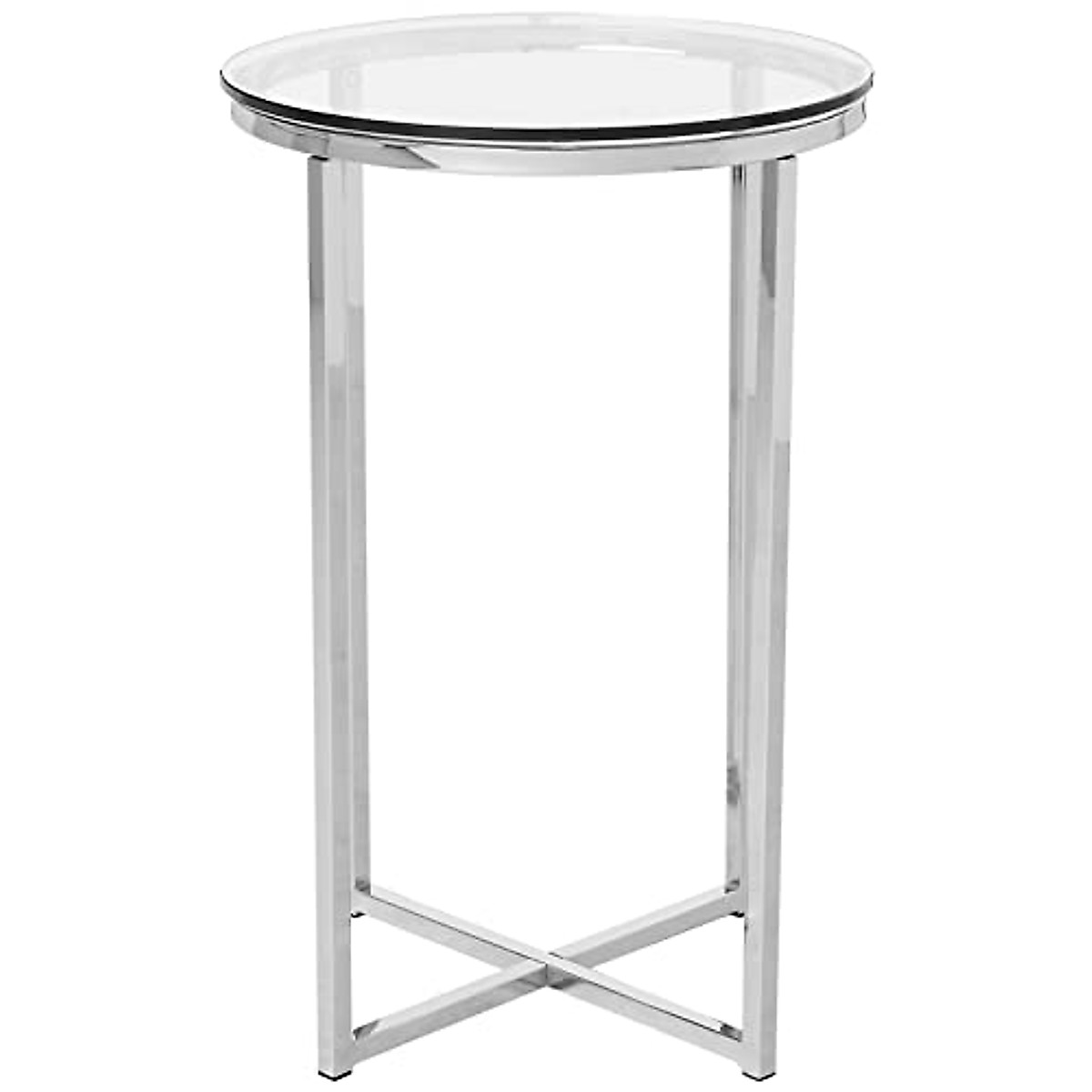 Walker Edison Cora Modern Glass Top Round Accent Table with X Base, 16 Inch, Glass and Chrome