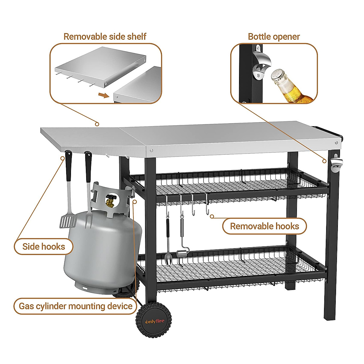 onlyfire Pizza Oven Table Cart for Ooni, Ninja Woodfire, Blackstone Griddle, Cuisinart Pizza Oven, Outdoor Stainless Steel Food Prep Table Movable Food Prep Cart Grill Stand with Storage Basket
