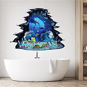 Ocean Dolphin 3D Floor Wall Decals, Under The Sea Marine Animal Wall Stickers, HOLENGS Underwater Sea Life DIY Wall Decor for Bathroom Kids Girls Baby Bedroom Classroom Nursery Decoration