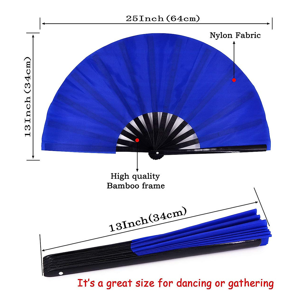 Amajiji Large Folding Hand Rave Fan for Women/Men, Chinease/Japanese Bamboo and Nylon-Cloth Folding Hand Fan for Performance, Festival, Events, Gift, Craft, Dance, Decorations (Blue)