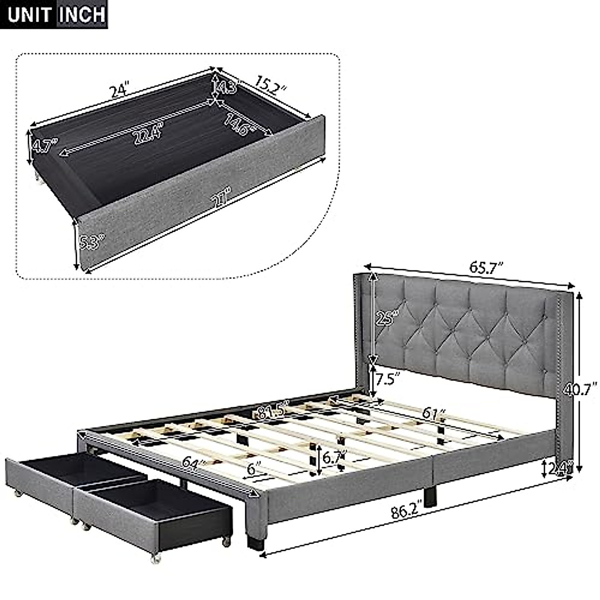 Queen Bed Frame with 2 Storage Drawers, Fabric Upholstered Platform Bed Frame with Deep-set Pattern Button Tufted Headboard, Sturdy Wood Slats Support Mattress Foundation, No Box Spring Needed (grey)