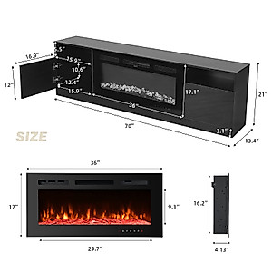 EROMMY 70'' Fireplace TV Stand with 36'' Electric Fireplace, Entertainment Center with 16 Color Led Lights and 12 Flame Fireplace Insert Heater, TV Console for TVs up to 80'' for Living Room, Black