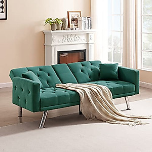 Eafurn 2 in 1 Button Tufted Futon Bed, Modern Convertible Loveseat, Comfy Upholstered Folding Sofa & Couches with Armrest for Apartment Sofabed, Green Linen 75.59“ w/ 2 Cupholders
