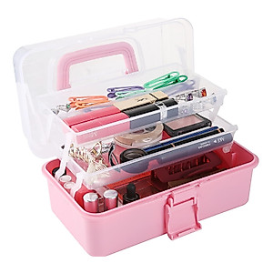 Flower River 11(in) Versatile Three-Layer Folding Organizer Box,Ideal for Art & Crafts,Toys,Sewing Supplies,Jewelry and Tools,Storage with Dual Trays,Elegant Pink