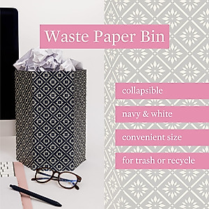 STEEL MILL AND CO. Open Waste Paper Bin Collapsible Office Trash Can, Waste Basket for Office, Bedroom, Bathroom, Trash Can, Garbage Bin, Recycling Container, Dustbin, Small, Geometric Navy