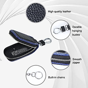 DAYGOS Universal Car Key Case Holder, Leather Car Smart Key Fob Cover with Hook and Keyring Zipper Bag, Keychain Protector Case for Remote Key Fob, Blue, 2 Pack