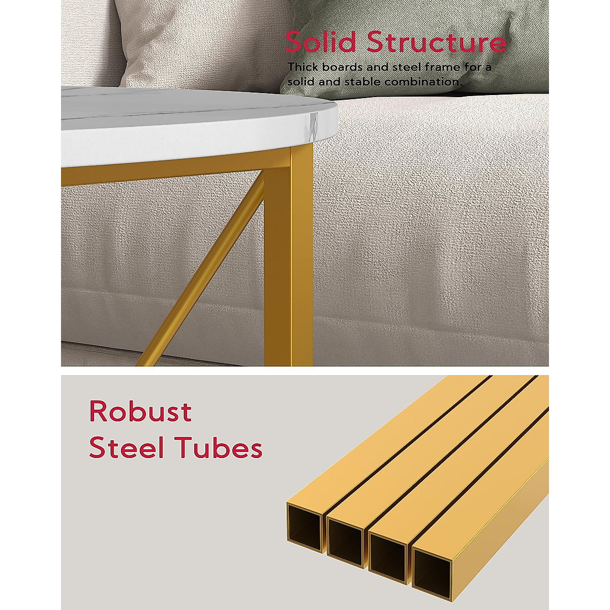 Yusong Round Coffee Table for Living Room, Farmhouse Circle Coffee Table with Storage Shelf, 2-Tier Modern Center Table with White Faux Wooden Tabletop, Gold Metal Frame