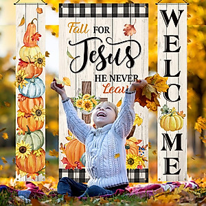 3 Pcs Thanksgiving Porch Sign Banner Fall for Jesus He Never Leaves Hanging Door Sign Thanksgiving Pumpkin Maple Leaf Harvest Welcome Banner for Home Porch Front Door Decor