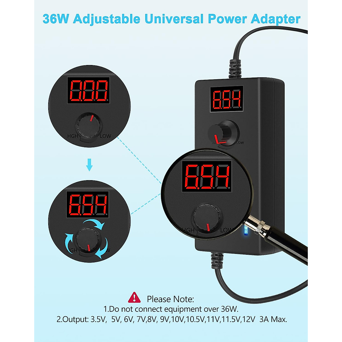 Aclorol Universal Power Adapter 36W 12V 9V 7.5V 6V 5V 4.5V 3V Adjustable Variable Power Supply AC/DC Adapter Converter Switching 100V-240V AC to DC 3V-12V with Polarity Converter & 14 Tips