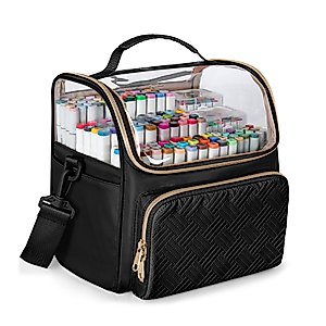 Rexmica Large Marker Organizer Case for 180 Markers, Marker Storage Bag with Dividers and 4 Pockets for Paint Markers, Paint Brushes, Colored Pencils or Other Art Supplies, Black (Patented Design)