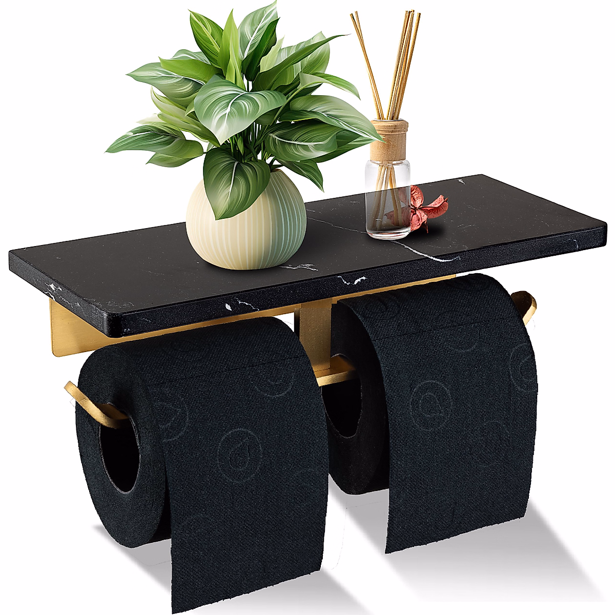 Toilet Paper Holder with Shelf (Natural Black Marble & Gold) - Wall Mounted Toilet Paper Storage, Easy to Install