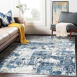 Miukiki Area Rug 8x10, Super Soft Modern Abstract Washable Rug, Anti-Slip Backing Rugs for Living Room, Foldable Ultra-Thin Machine Washable Area Rugs (Navy/Gold, 8'x10')