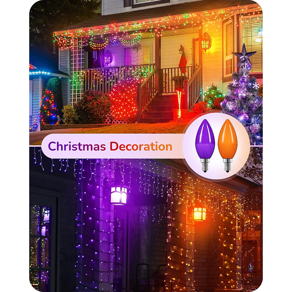 EDISHINE Christmas C35 Purple & Orange Dimmable LED Light Bulb, E12 Candelabra Bulbs, 60 Watt Equivalent, LED Chandelier Bulb, Vintage Candle Light Bulb, Decorations for Christmas, Party, 6 Pack