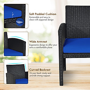 DORTALA 4 Pieces Patio Wicker Conversation Furniture Set, Outdoor Rattan Sofas with Bistro Sets with Coffee Table for Courtyard Balcony Wicker Chairs with Soft Cushion and Table, Navy