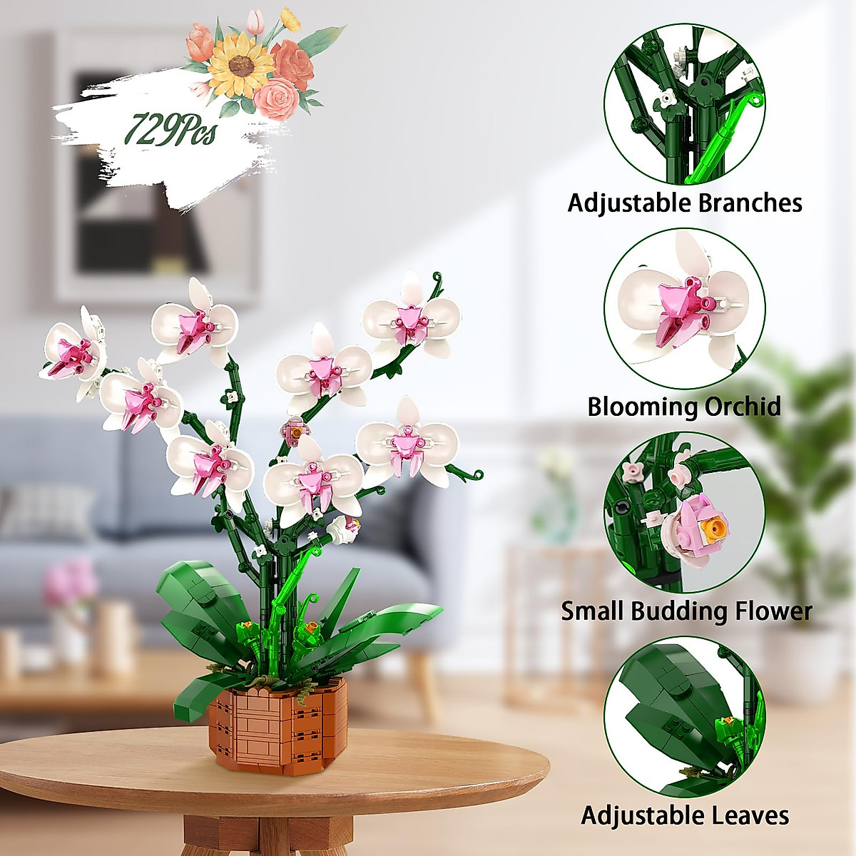 729-Piece Artificial Flower Building Blocks Set - DIY Home Decoration Kit for Adults, Girlfriends, Mom - Christmas, Birthday, Valentine's Day Gifts