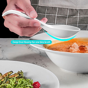 Artena 6oz Turquoise Solid Ceramic Chips and Dip Serving Platter with Acacia Wooden Tray & Bright White 6.75 inch Asian Soup Spoons Set of 6